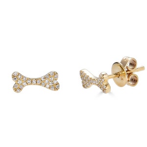 14k Diamond Dog Bone Earrings, Paw Print, Diamond Dog Studs, 14k Dainty ...
