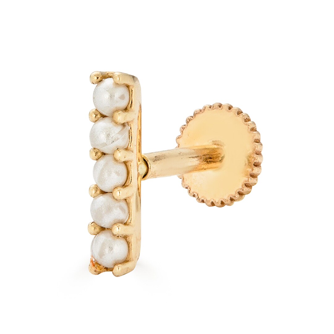 14K Threaded Pearl Bar Labret, 16G Solid Gold Pearl Screw Back Stud ...