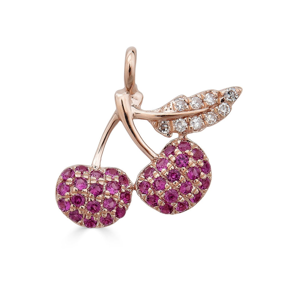 14k Diamond Cherry Charm 14k Gold Ruby Cherry Charm Gift for - Etsy