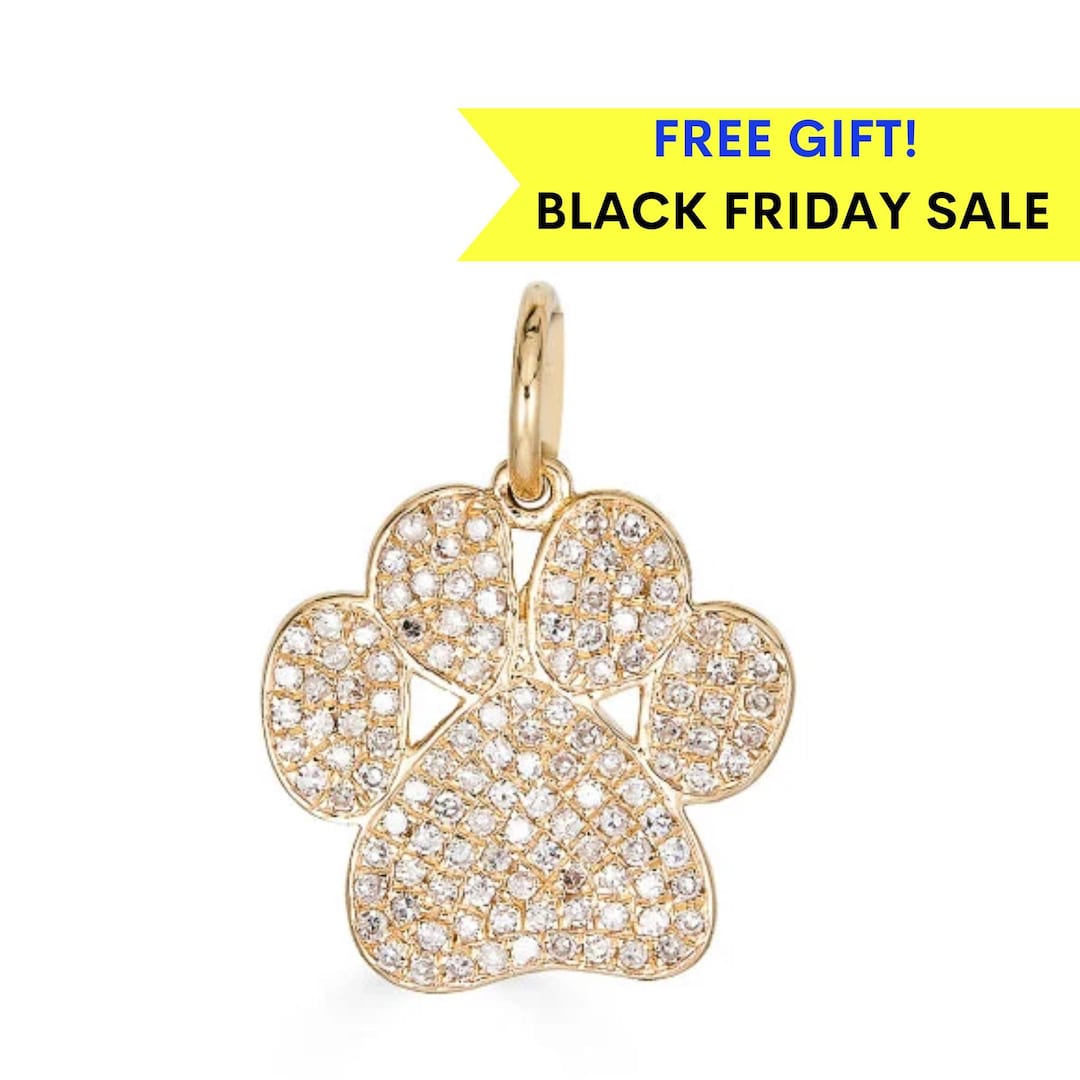 14k Large Diamond Paw Charm, Diamond Dog Necklace, Cat Dog Paw Print ...