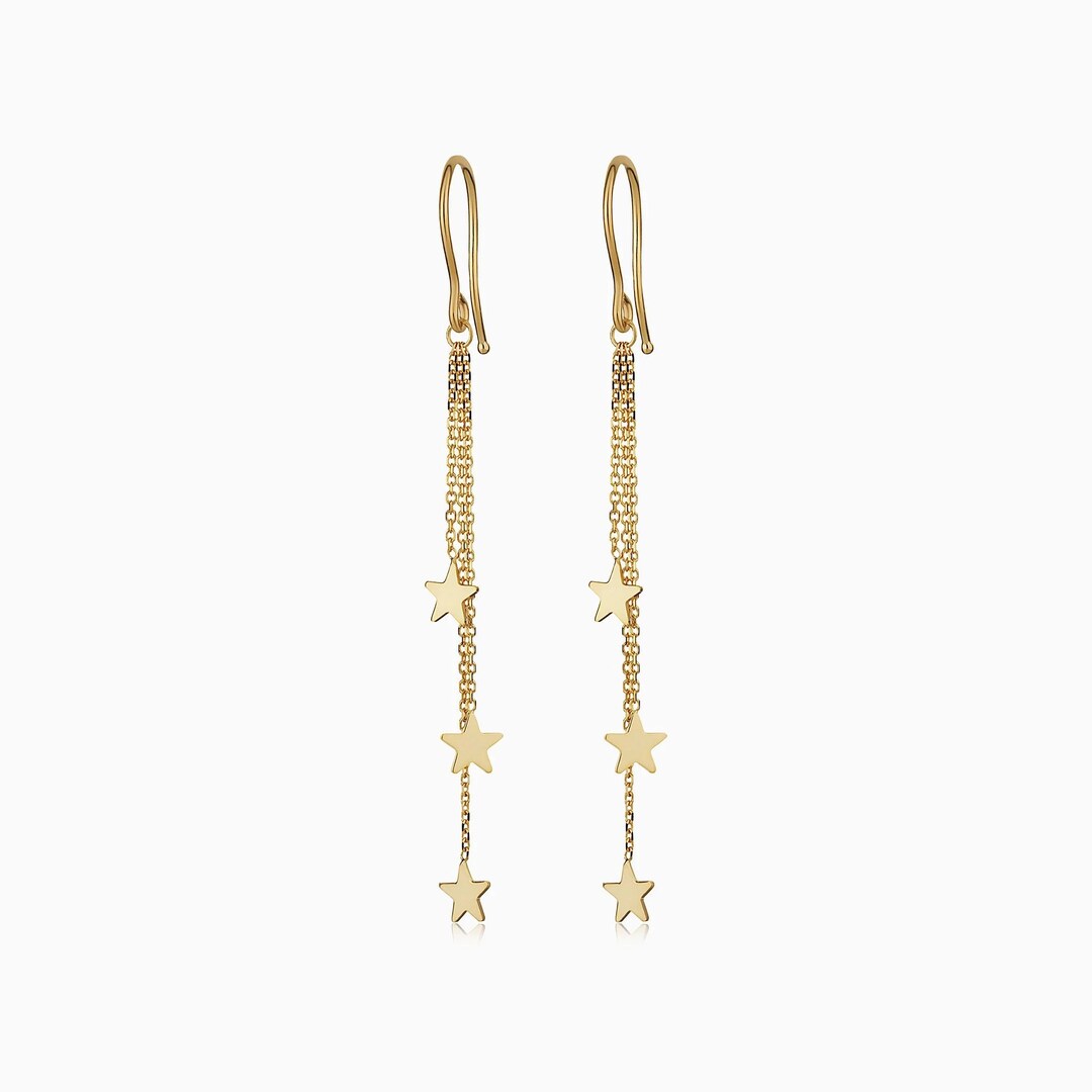 14K Dangle Star Earrings, 14K Solid Gold Chain Earrings, Chain Duster ...