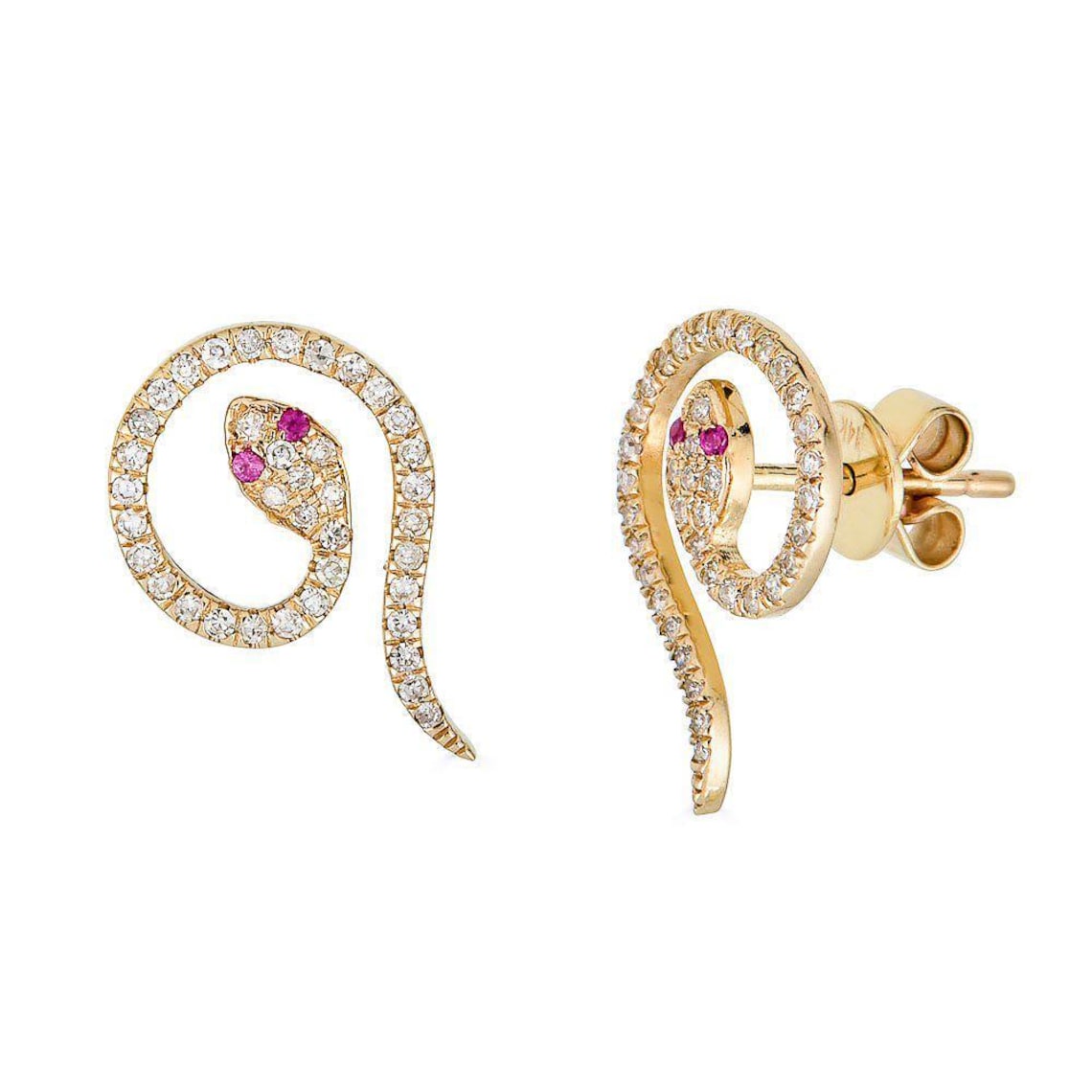 14K Ruby Snake Stud Earrings, Emerald Eyes Snake Earrings, Diamond ...