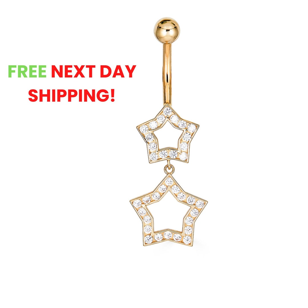 14K CZ Dangle Star Belly Ring, Star Belly Ring, Celestial Belly Jewelry ...