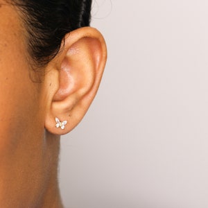 14K CZ Butterfly Stud Earrings, Mini Butterfly Studs, Solid Gold Mini ...
