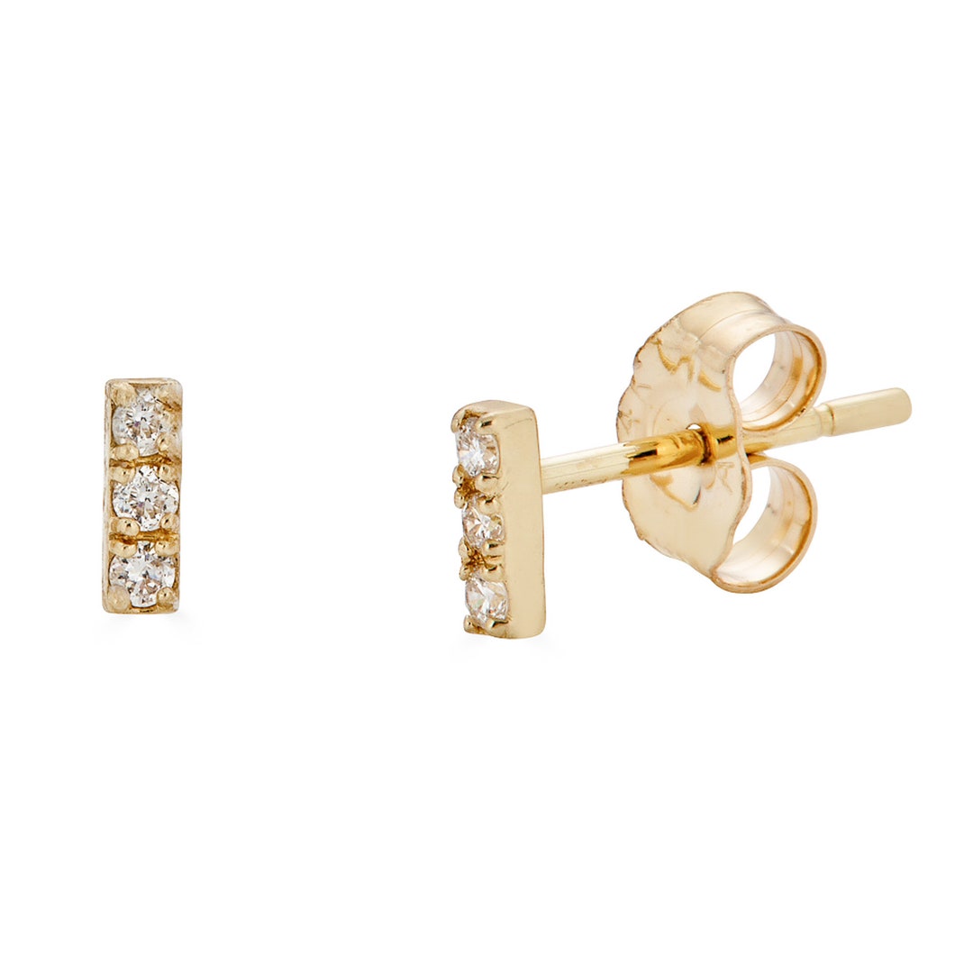 14K Small Diamond Bar Studs, Solid Gold Mini Diamond Bar Stud Earrings ...