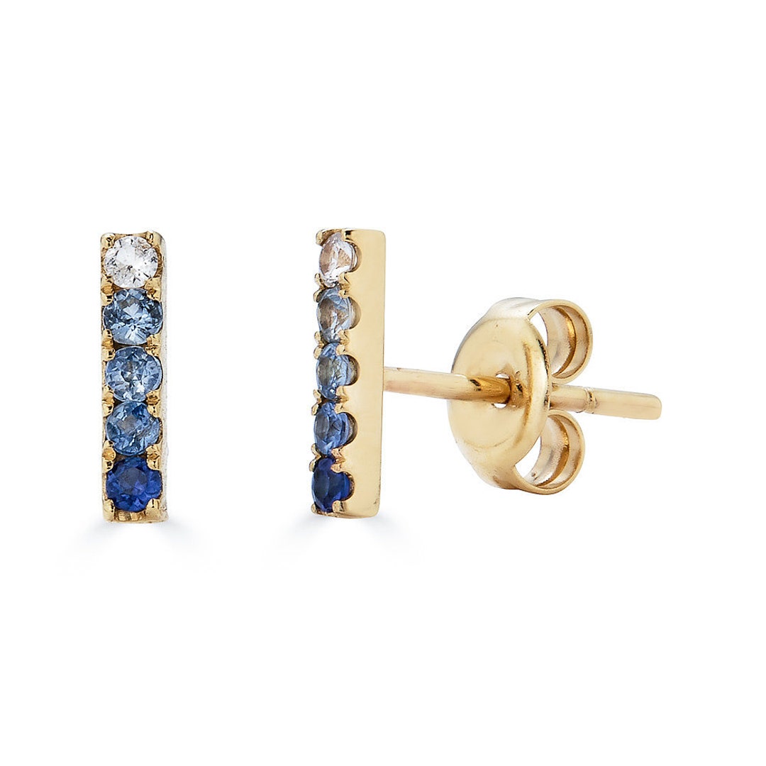 14k Gold Blue Sapphire Stud Earrings, 14k Gold Bar Stud Earrings, 14k ...