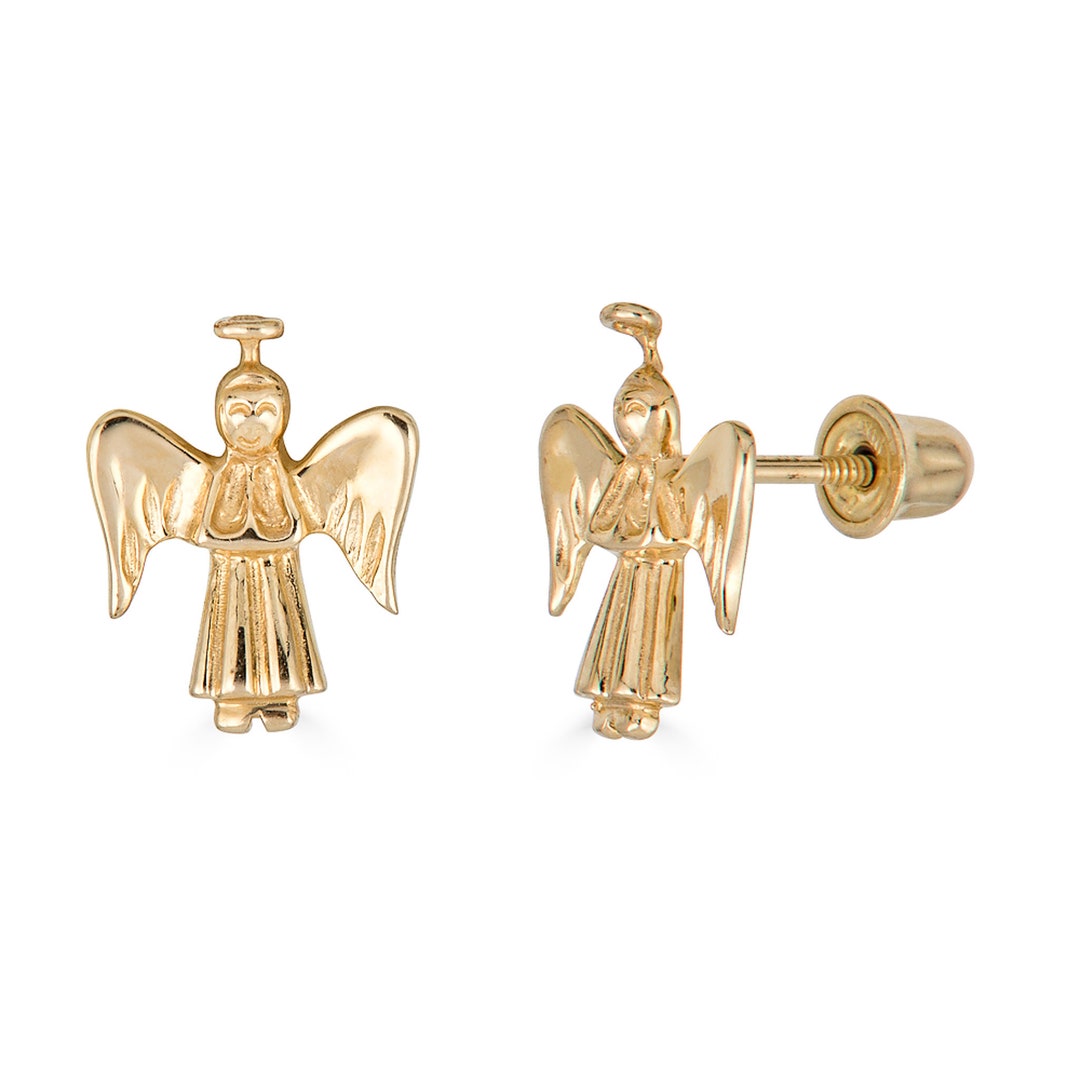 14k Gold Angel Studs, Angel Stud Earrings, Gold Angel Earrings, Black ...