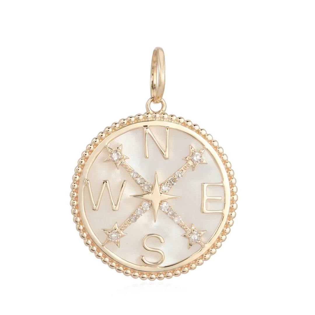 14K Mother of Pearl Compass Charm, Diamond Compass Charm, Diamond Star ...