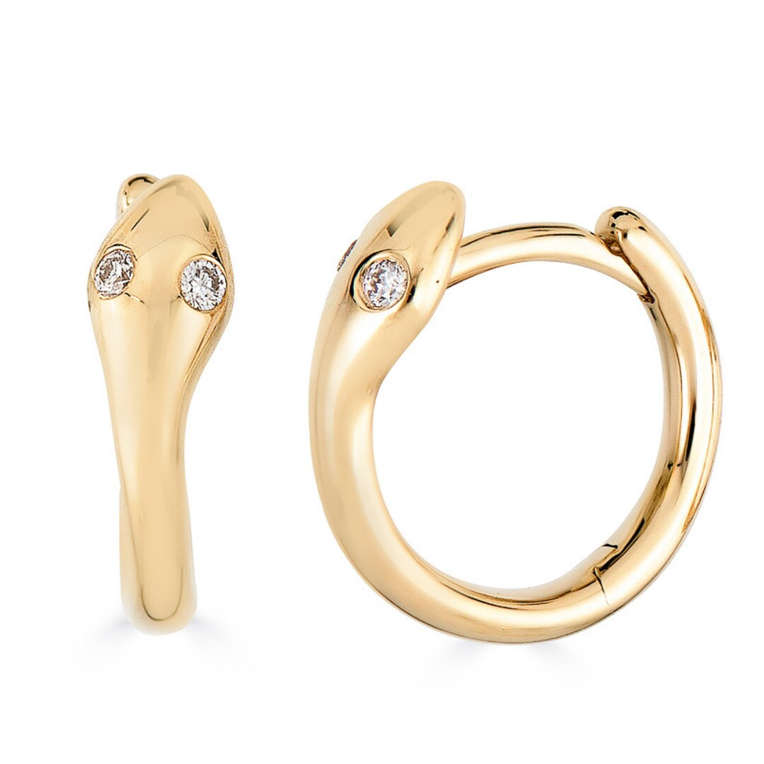 14k Diamond Snake Earrings, Tiny Diamond Huggie Hoop Earrings, Diamond ...