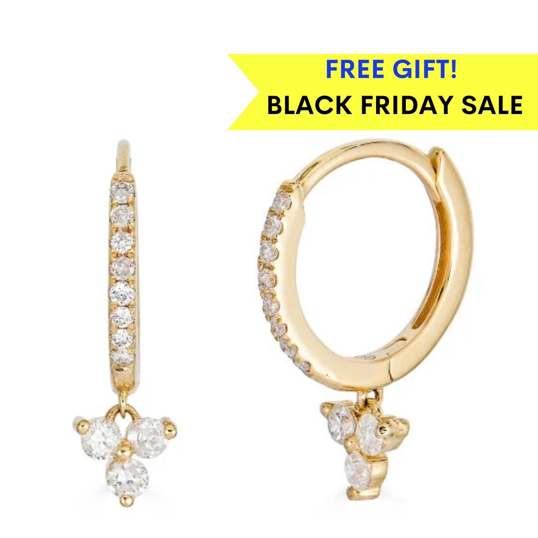 14k Diamond Hoop Earrings, Dangle Diamond Cluster Diamond Hoops, Solid ...