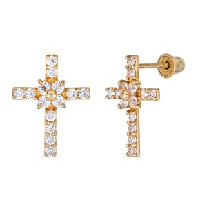 14K Gold CZ Cross Studs, Diamond Simulant Cross Stud Earrings, Large Gold Cross Earrings, 14k ...