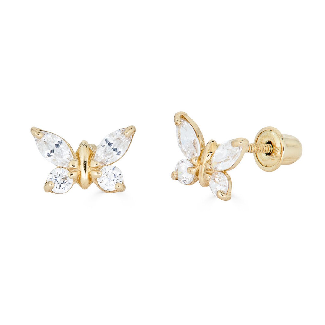 14K CZ Butterfly Stud Earrings, Mini Butterfly Studs, Solid Gold Mini ...