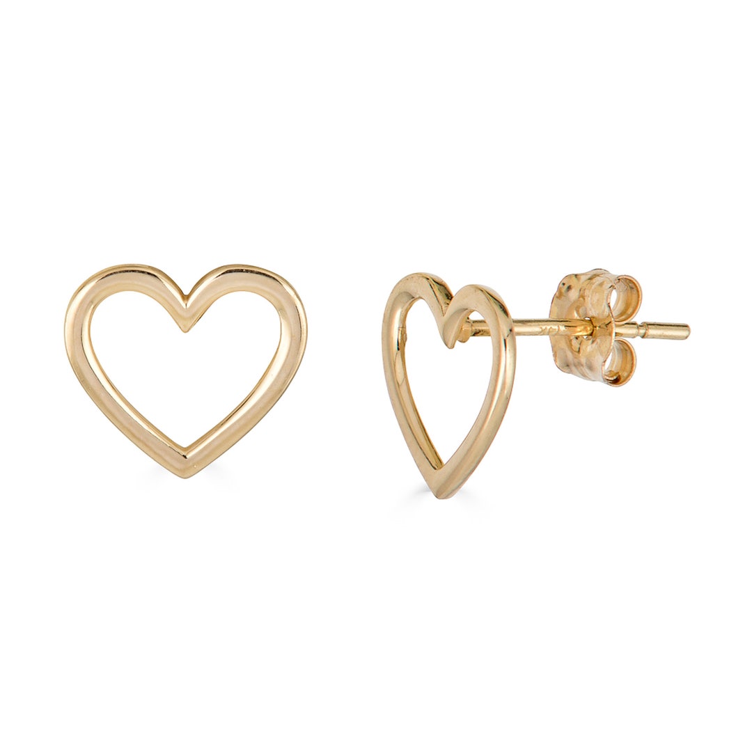 14K Gold Heart Earrings, 14K Solid Gold Heart Stud Earrings, Real Gold ...