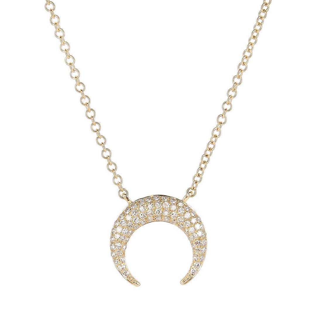 14k Diamond Gold Horn Necklace, Double Horn Necklace, Diamond Crescent ...