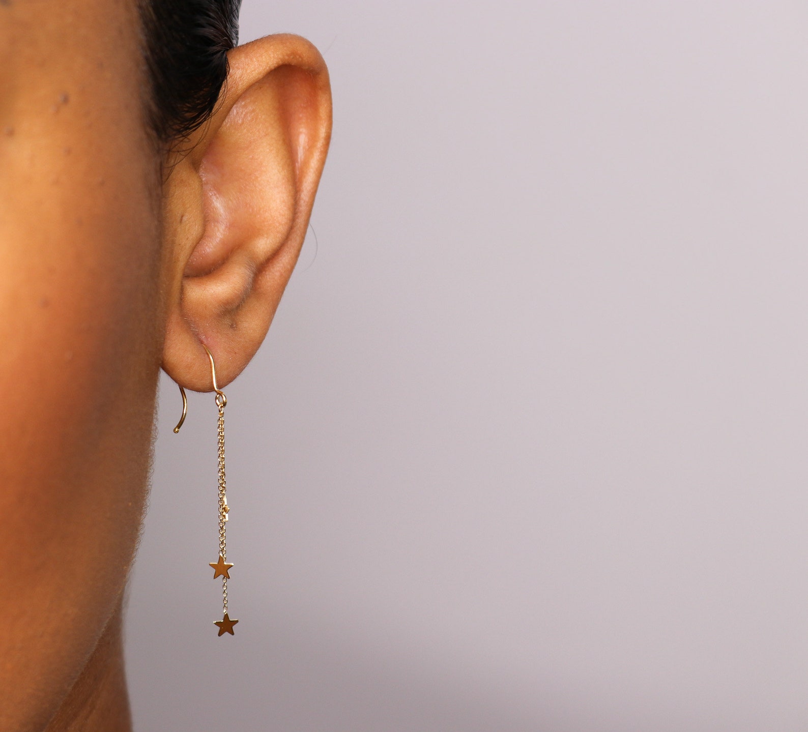 14K Dangle Star Earrings, 14K Solid Gold Chain Earrings, Chain Duster ...