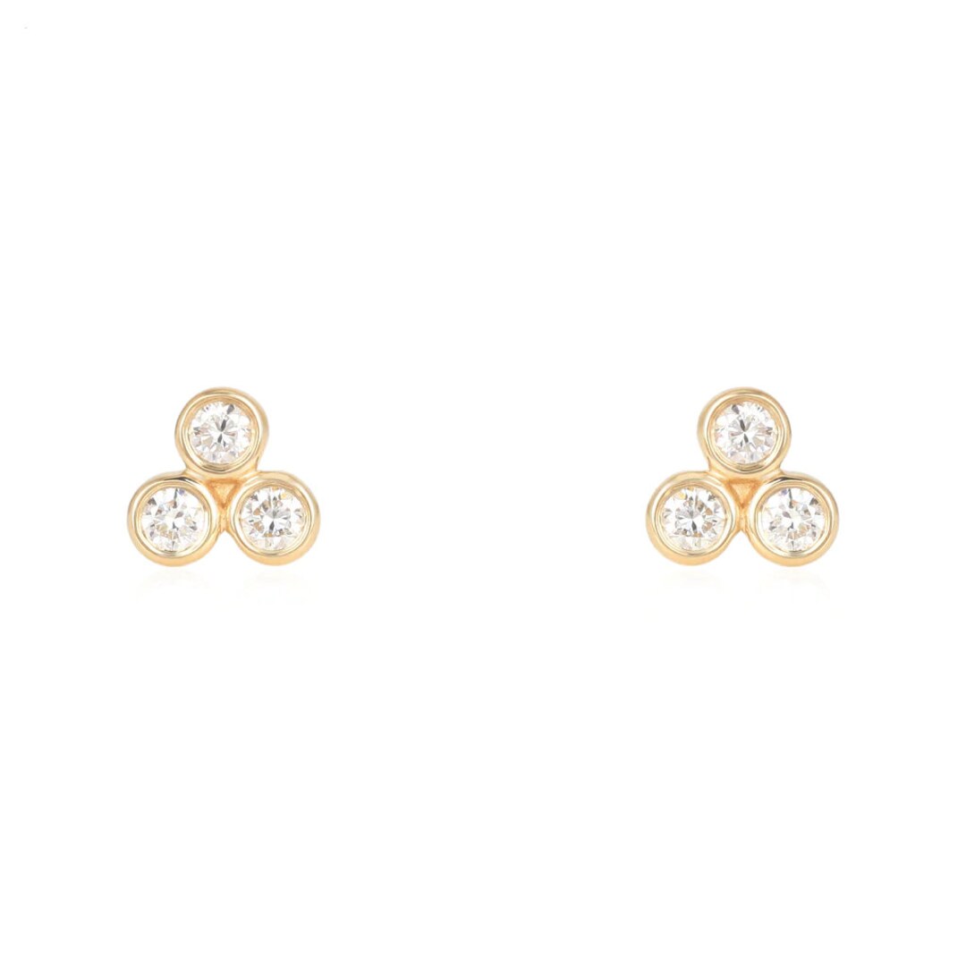 14k Gold Diamond Cluster Studs, Diamond Trio Studs, Dainty Diamond ...