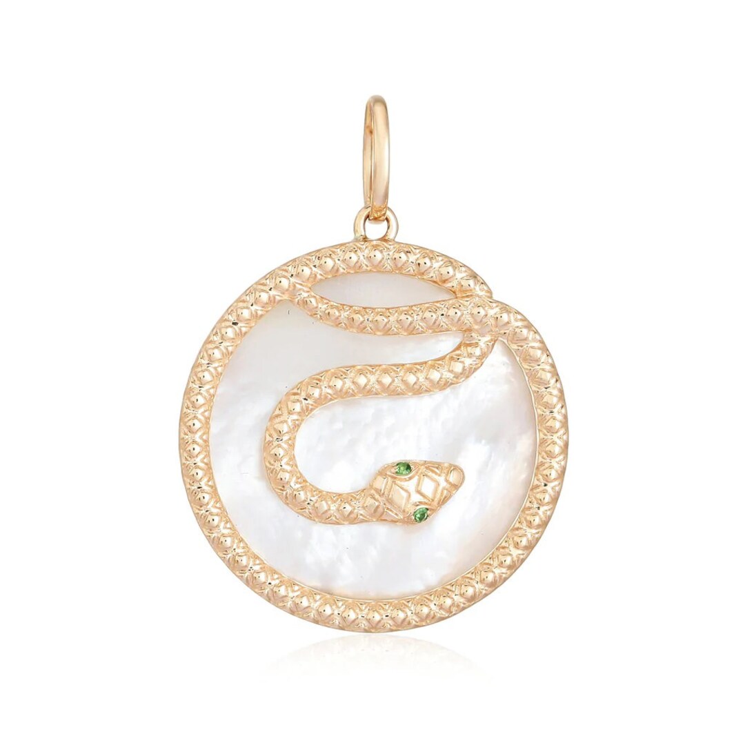 14K Snake Mother of Pearl Charm, 14K Gold Emerald Snake Eye Charm ...