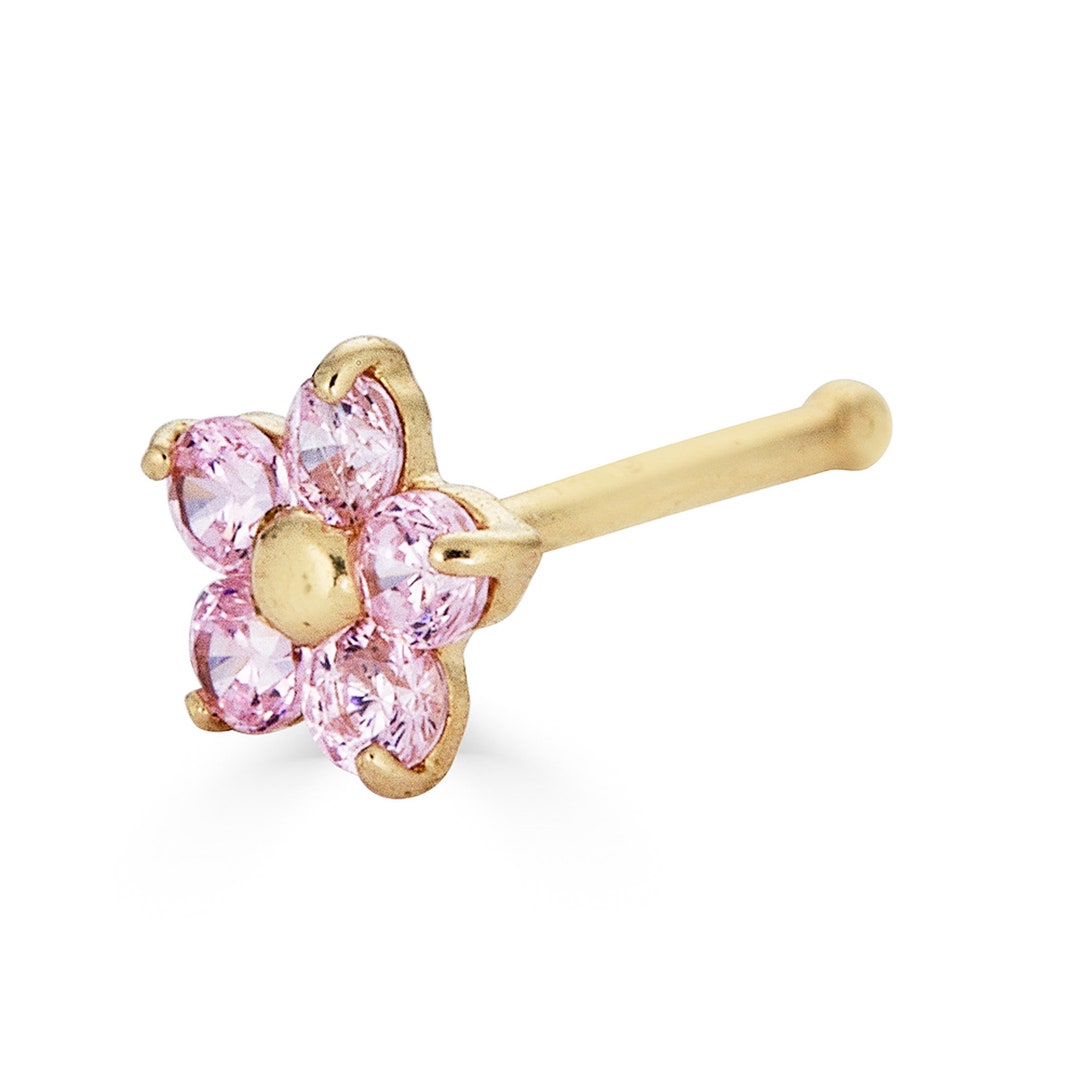 14K CZ Flower Nose Stud, 14k Pink Flower Nose Stud, Purple Flower Nose ...