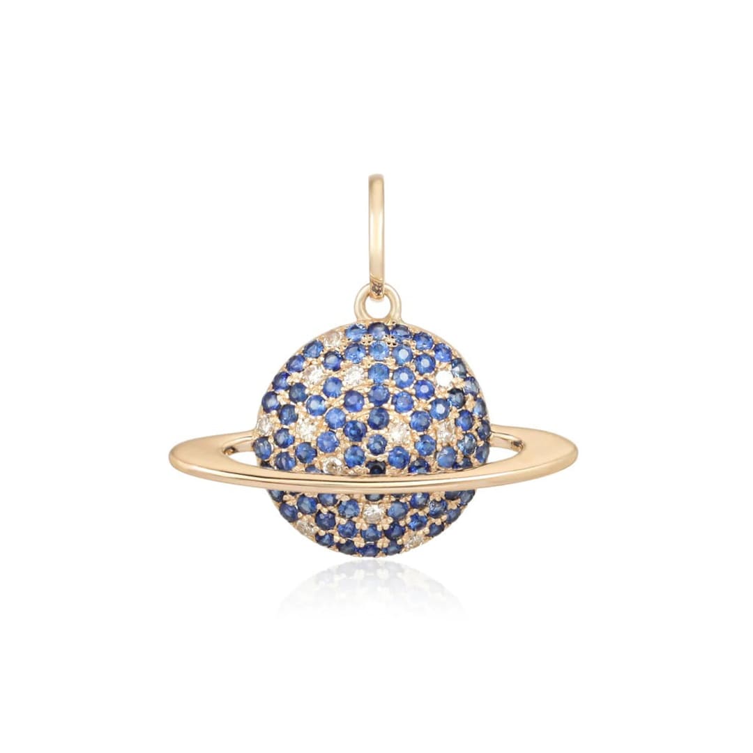 14K Blue Sapphire Saturn Charm, Sapphire Planet Charm, Gold Celestial ...