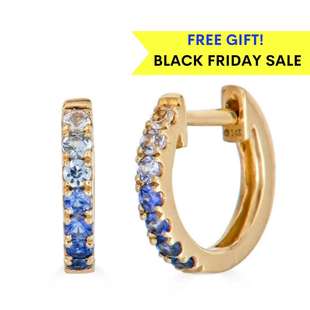 14k Blue Sapphire Huggie Hoop Earrings, Solid Gold Hoop Earrings, Blue ...