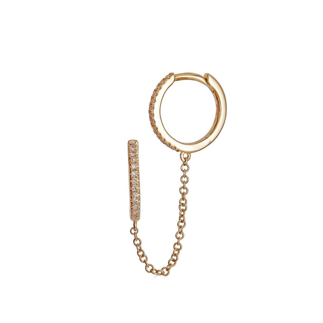 14K Solid Gold Diamond Huggie Chain Earring, Single - Etsy
