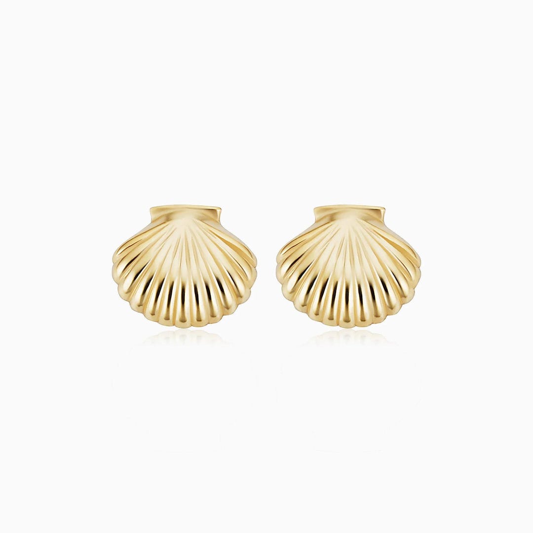 14K Seashell Stud Earrings, 14K Beach Theme Earrings, 14K Beach Stud ...