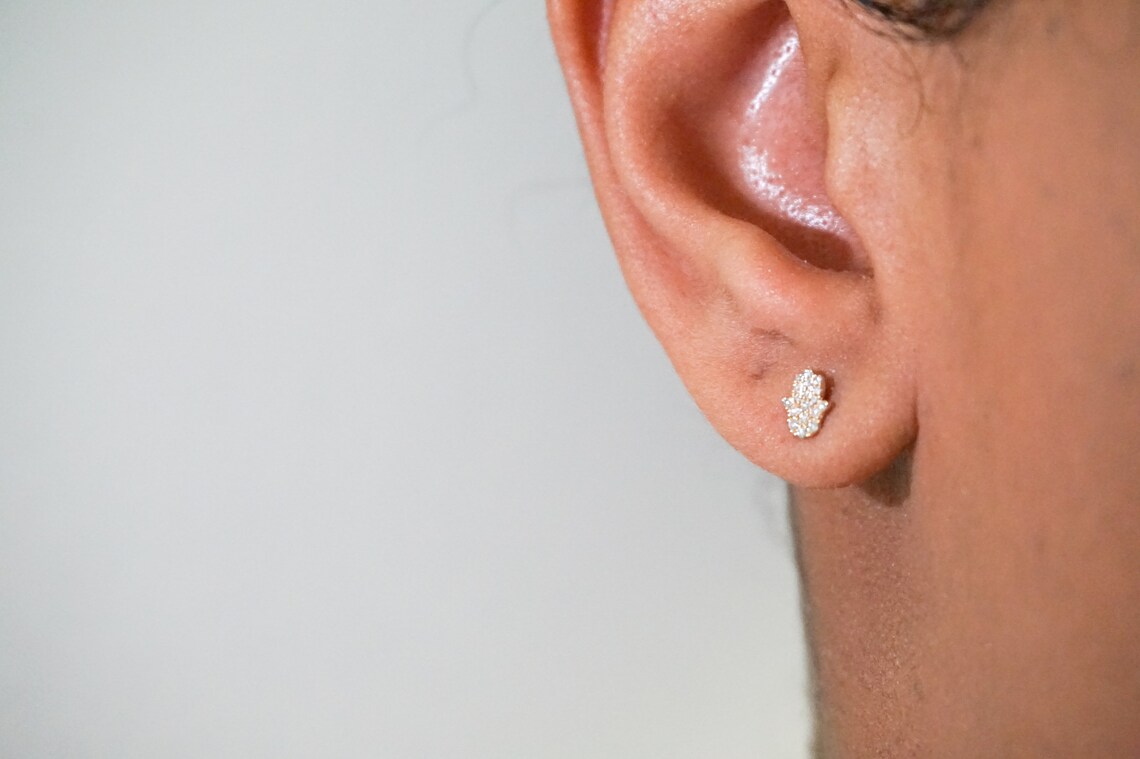 14k Diamond Hamsa Hand Studs 14k Gold Hamsa Earrings Tiny | Etsy