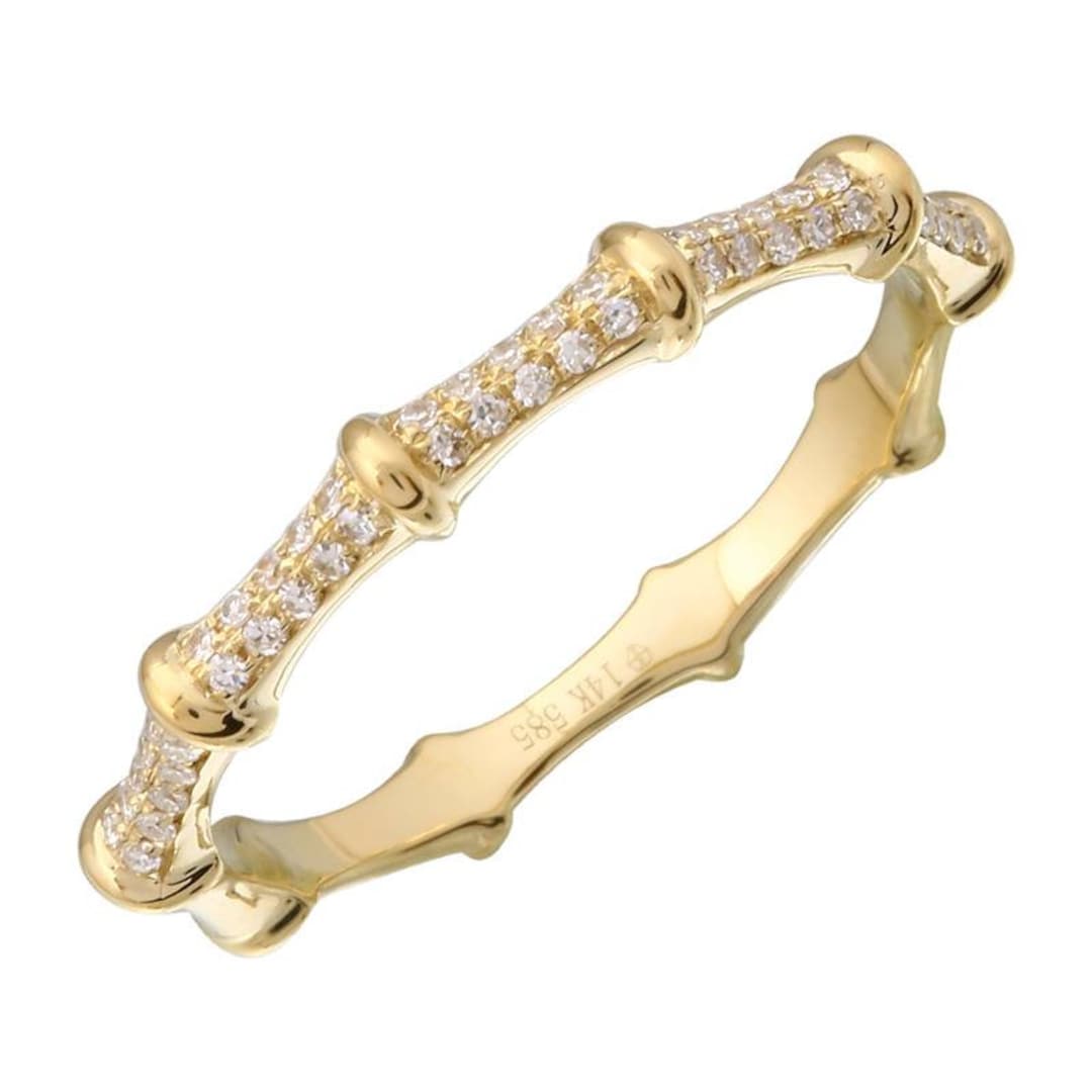14K Yellow Gold Bamboo Diamond Ring Everyday Diamond Stacking - Etsy