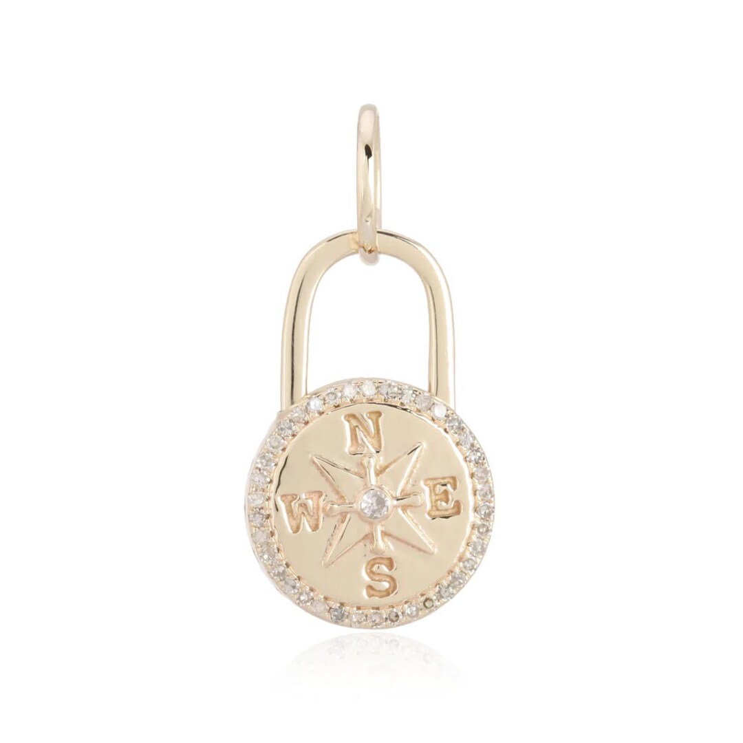 14K Compass Lock Charm, 14k Diamond Compass Lock Charm, 14k Gold ...
