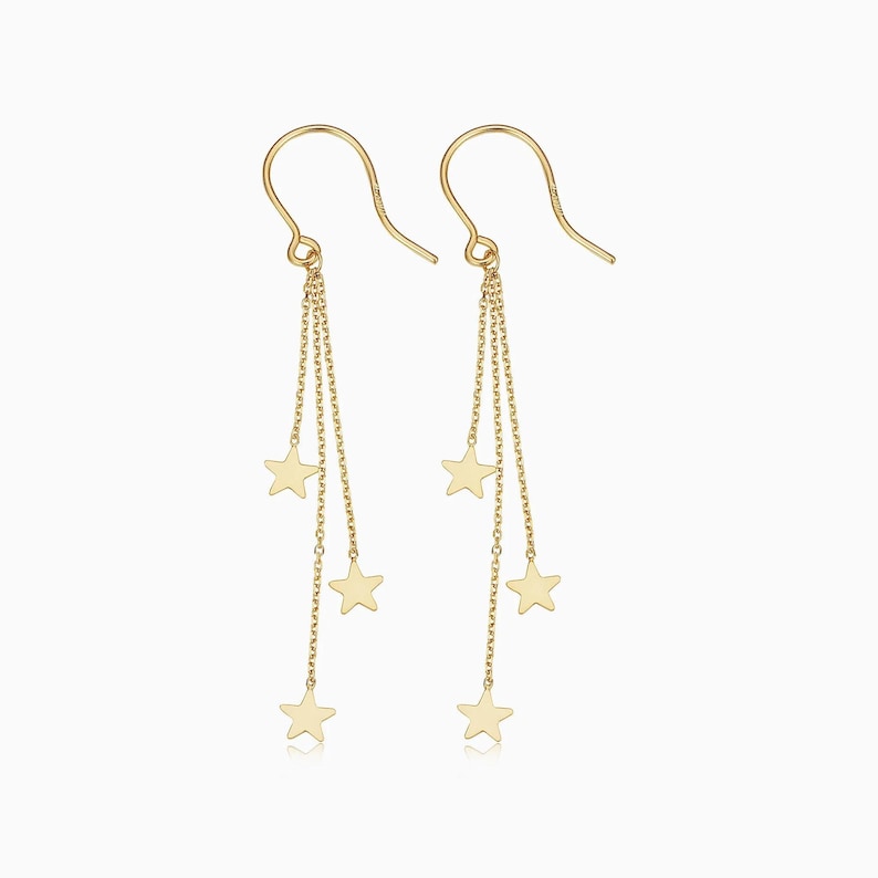 14K Dangle Star Earrings, 14K Solid Gold Chain Earrings, Chain Duster ...