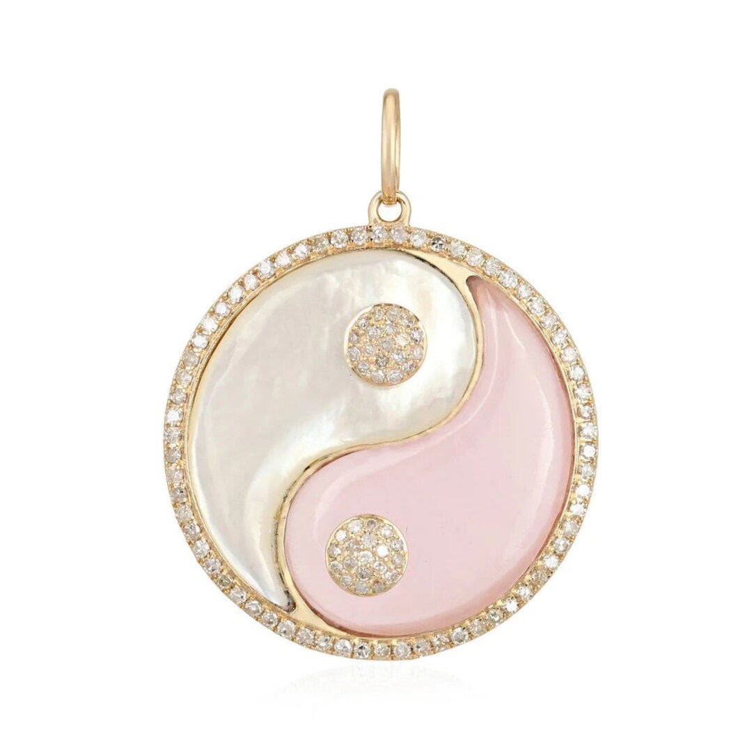 14K Pink Ying Yang Diamond Medallion, Mother of Pearl Charm, Rose ...