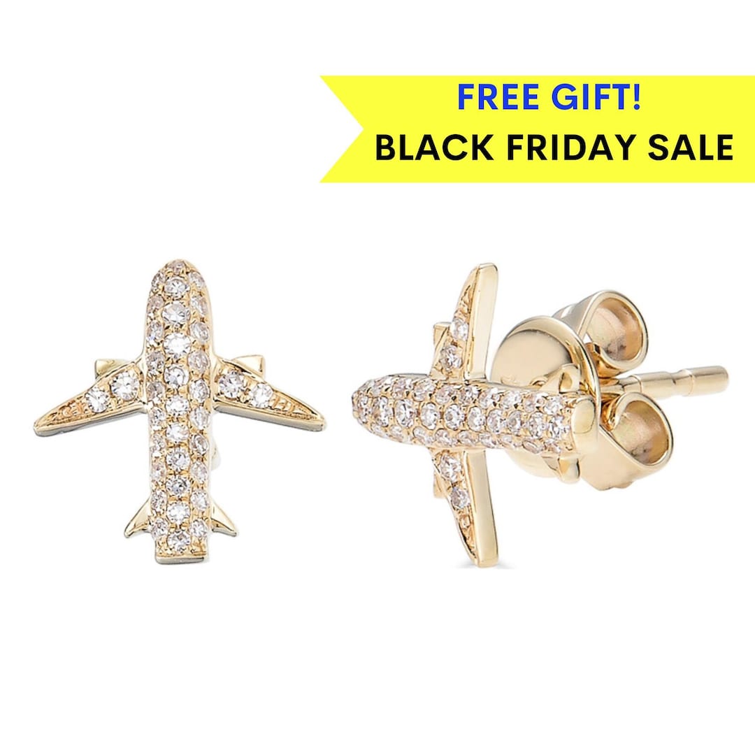14k Diamond Airplane Stud Earrings, Diamond Plane Earrings, Minimalist ...