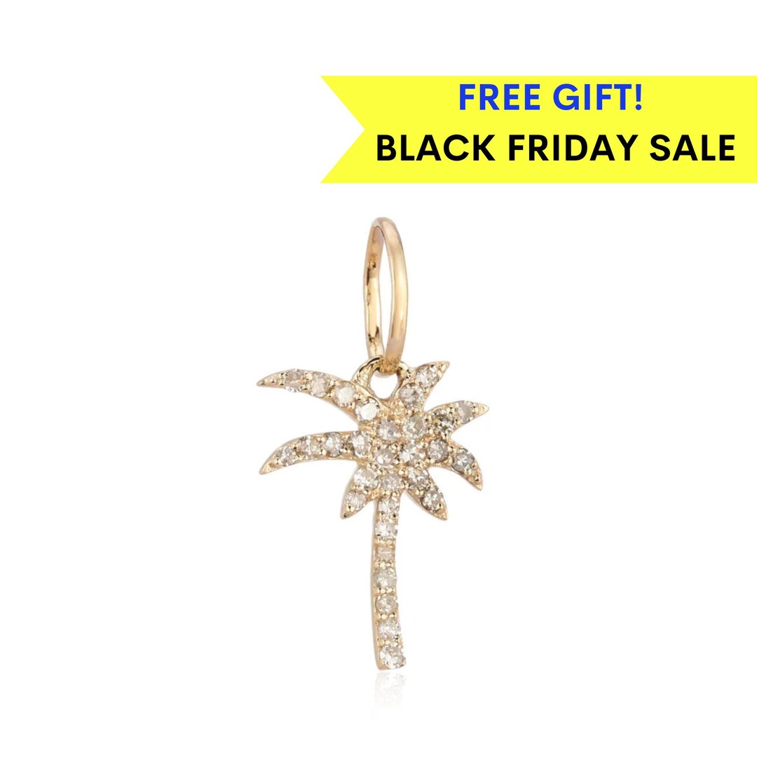 14K Mini Diamond Palm Tree Charm, 14k Gold Palm Tree Pendant, Beach ...
