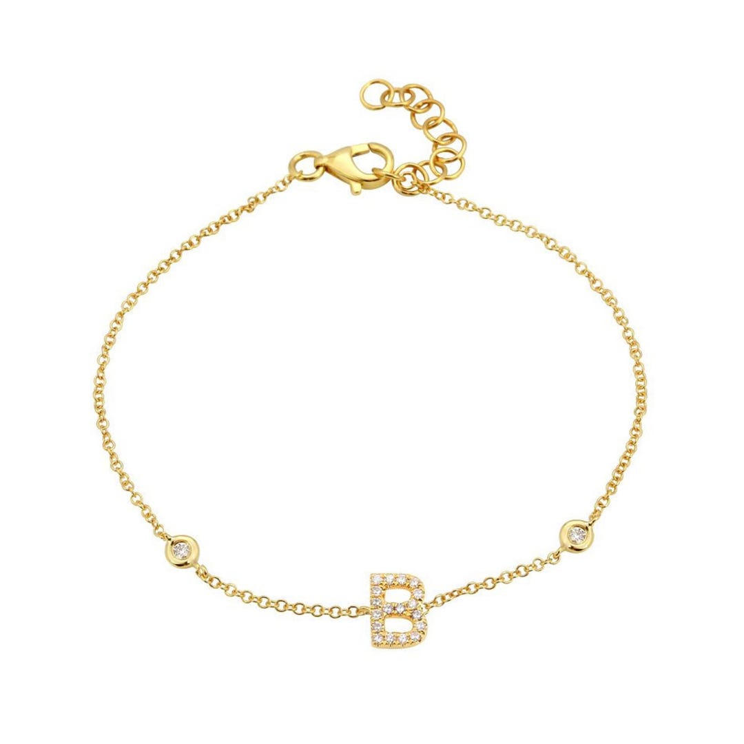 14k Gold Diamond Initial Bracelet, Letter Bracelet, Personalized ...