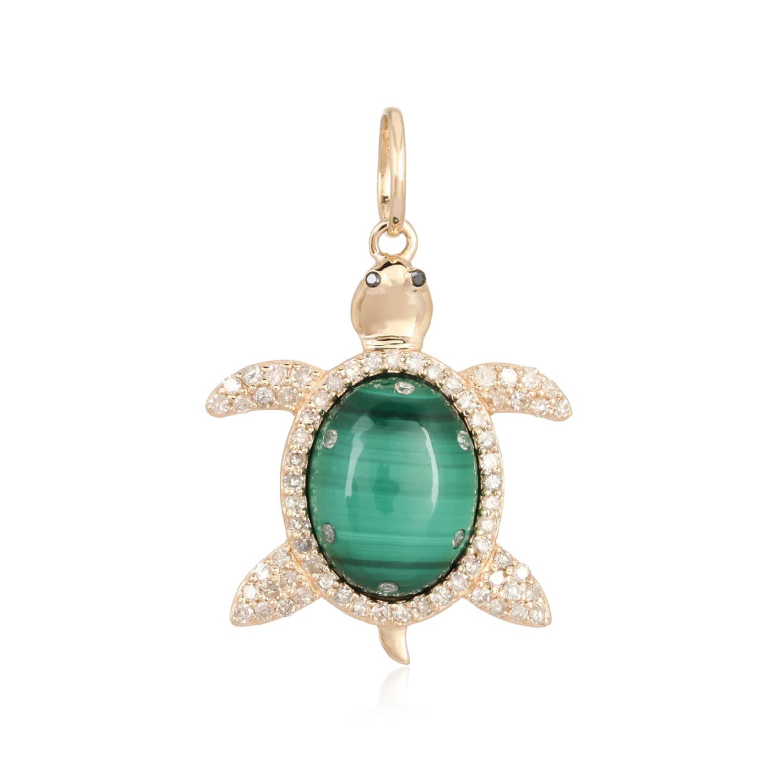 14K Diamond Outlined Malachite 3D Turtle Charm, 14k Diamond Turtle ...