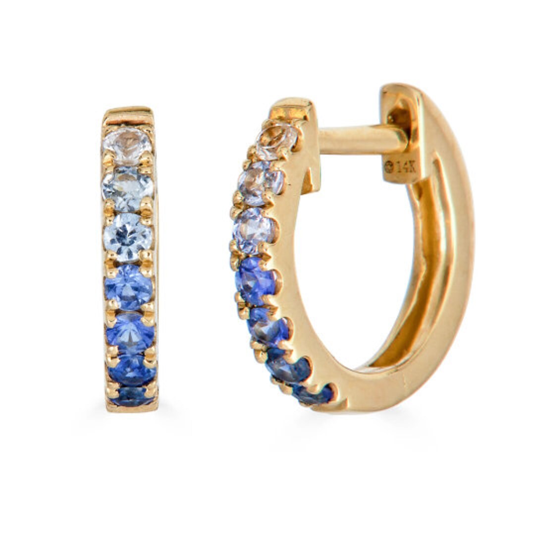 14k Blue Sapphire Huggie Hoop Earrings, Solid Gold Hoop Earrings, Blue ...