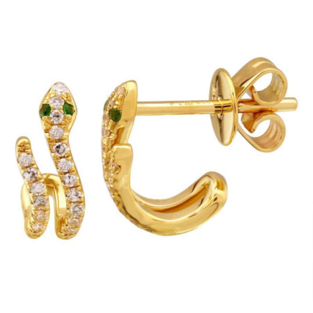 14K Yellow Gold Diamond Snake Stud Earrings, 14k Emerald Eye Snake ...