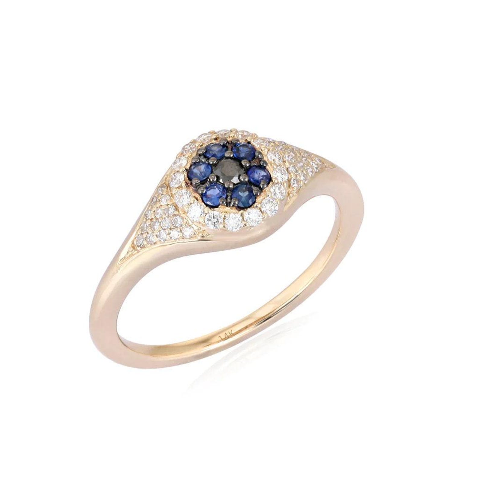 14K Evil Eye Ring, 14k Diamond Evil Eye Signet Ring, Diamond Blue ...
