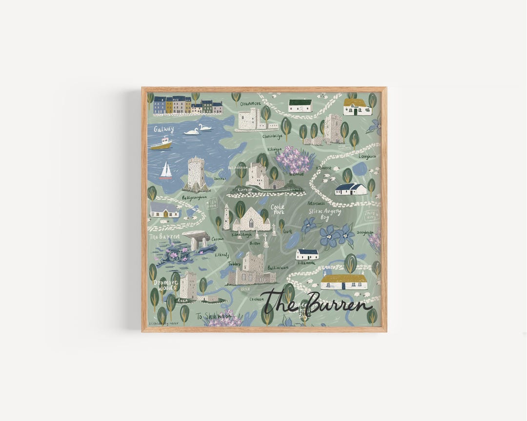 The Burren Ireland Illustrated Map, County Clare, County Galway, Map ...