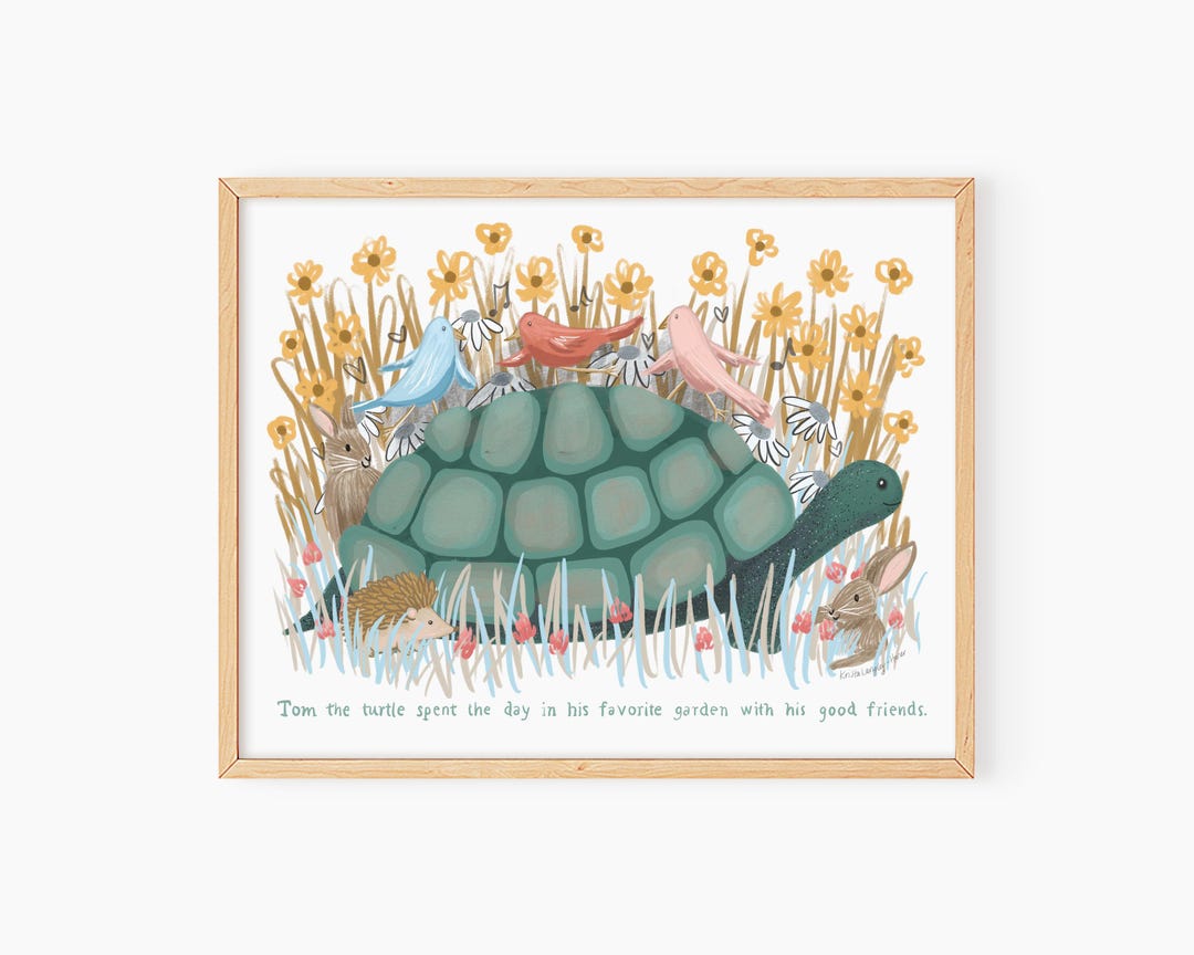 Tom the Turtle Illustrated Art Print, Turtle Hedgehog Bunnies and Birds ...