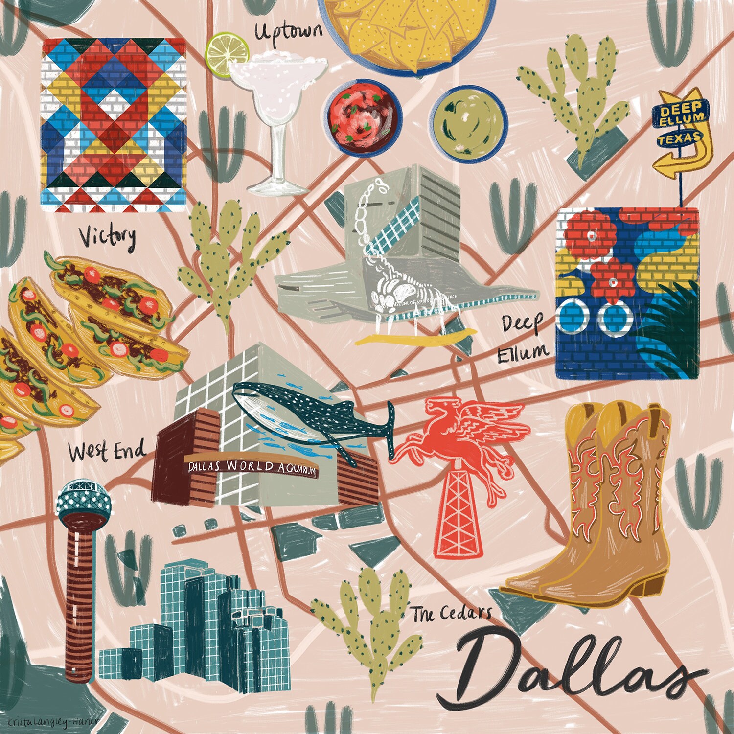 Dallas City Map Card Southwest Art Illustrated Texas Travel - Etsy