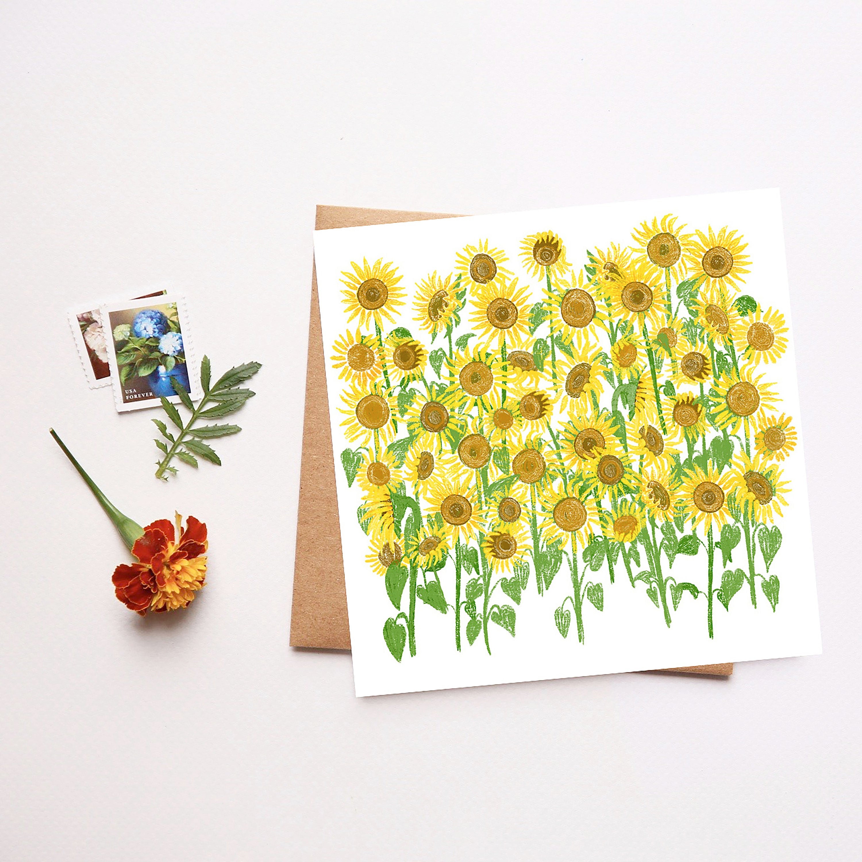 Sunflowers Illustration Card, Yellow Flowers, Whimsical Illustrated ...