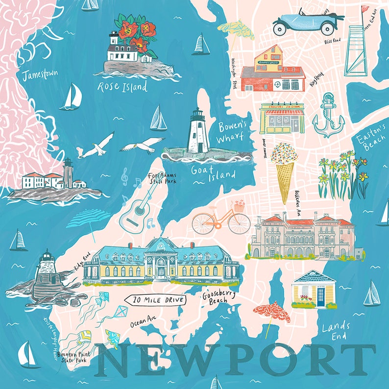 Newport RI Map Illustration, Rhode Island Illustrated Map, Newport Wedding Gift - Etsy