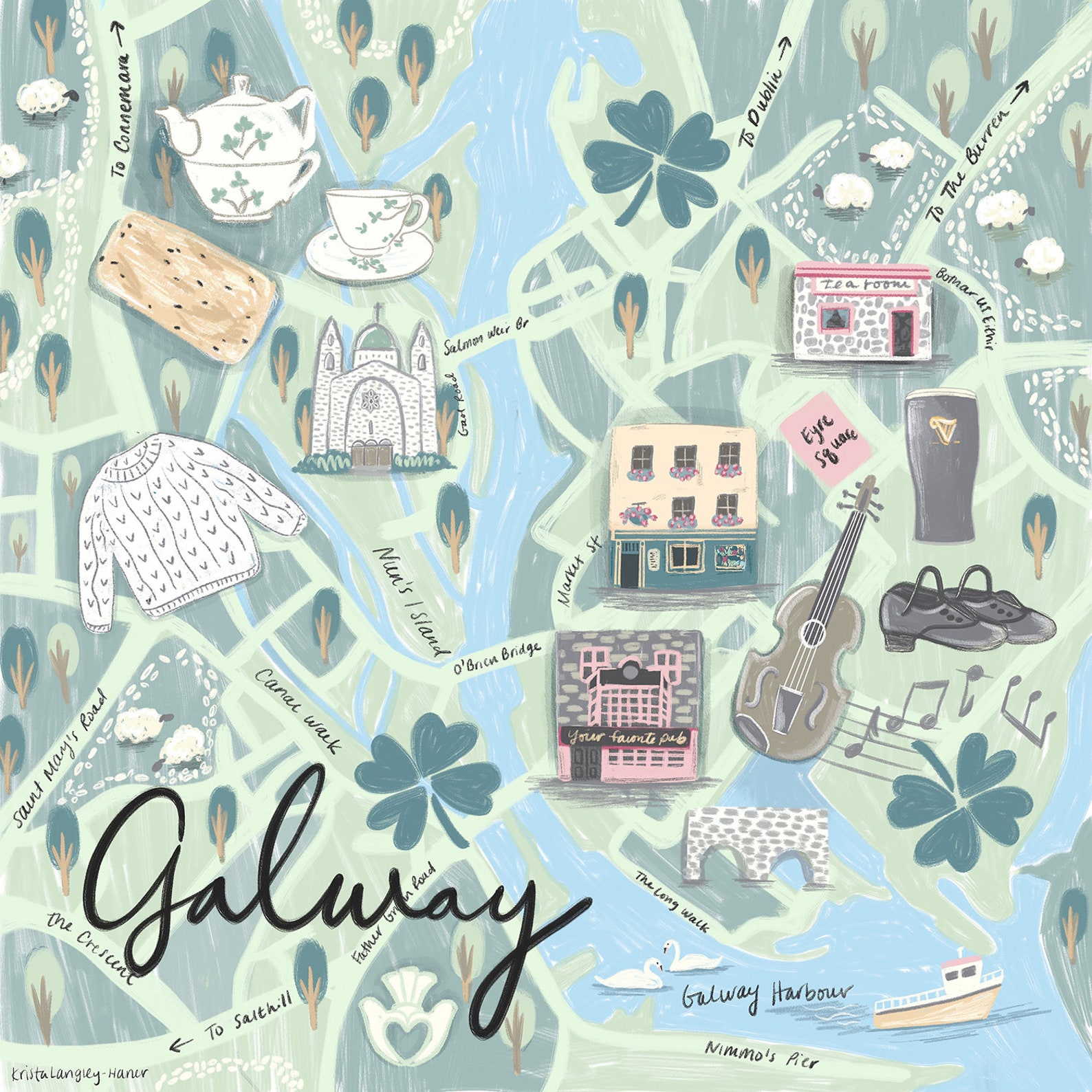 Galway City Map Illustration Ireland Art Print Irish Art - Etsy