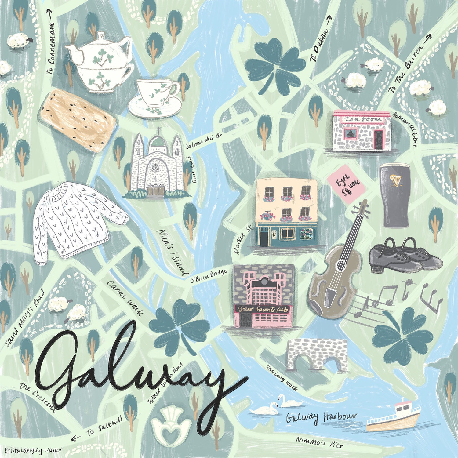 Galway City Map Illustration Ireland Art Print Irish Art - Etsy