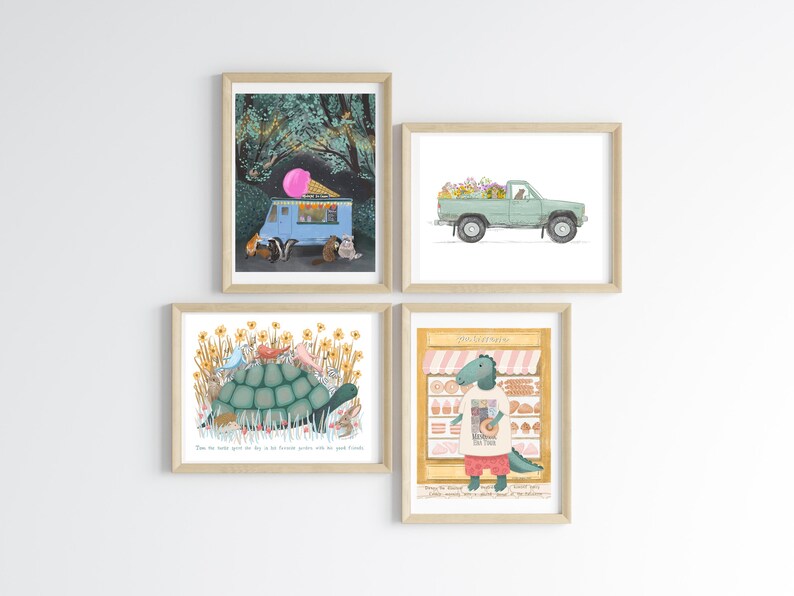 Tom the Turtle Illustrated Art Print, Turtle Hedgehog Bunnies and Birds ...