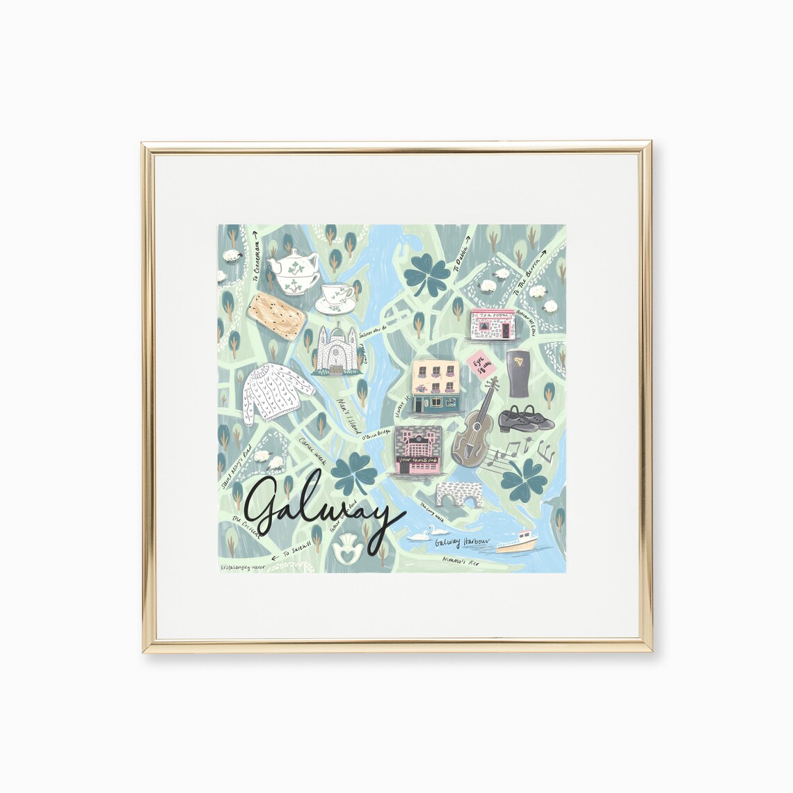 Galway City Map Illustration Ireland Art Print Irish Art - Etsy