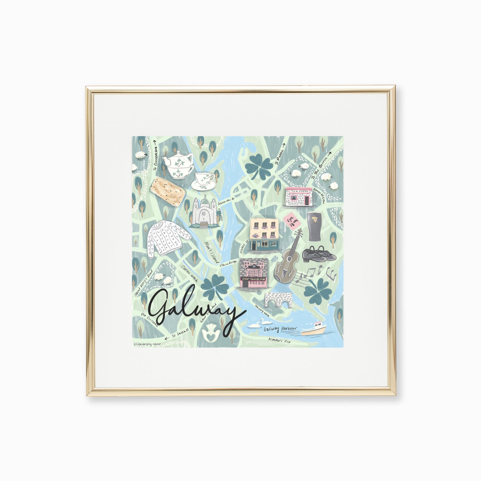 Galway City Map Illustration Ireland Art Print Irish Art - Etsy