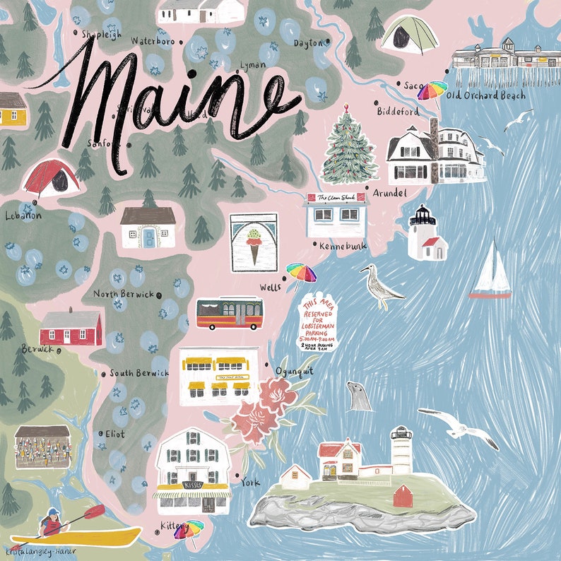 Coastal Maine Map Southern Maine Illustration Ogunquit - Etsy