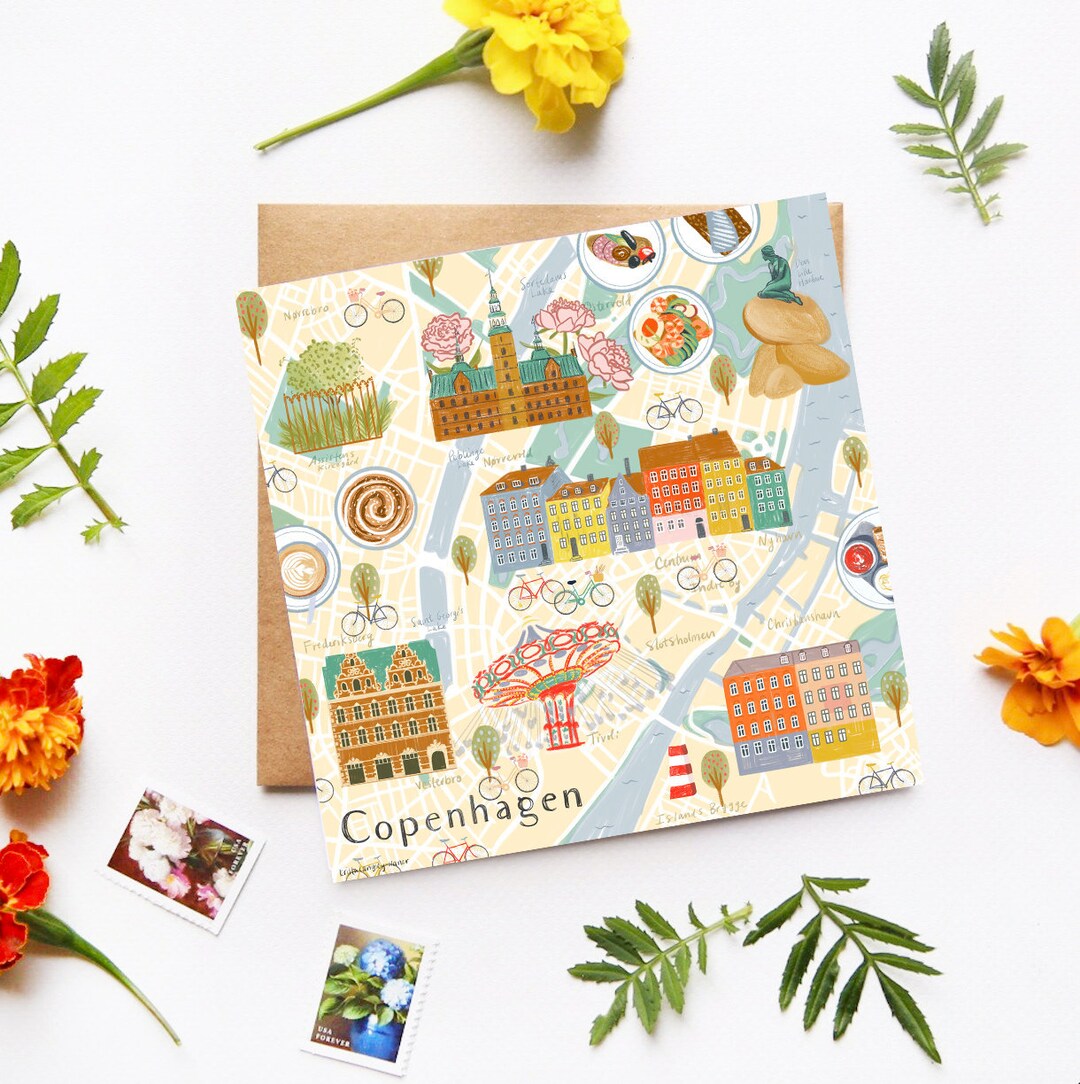 Copenhagen Map Card, København, Denmark Illustrated Map, City Art ...